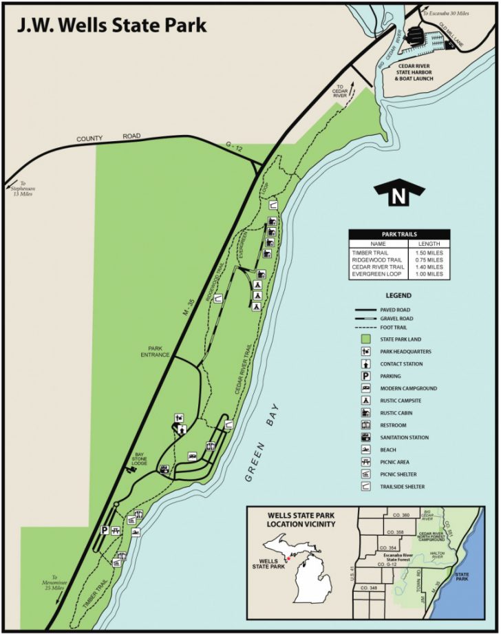 J.w. Wells State Park And Cedar River State Harbormaps & Area Guide ...