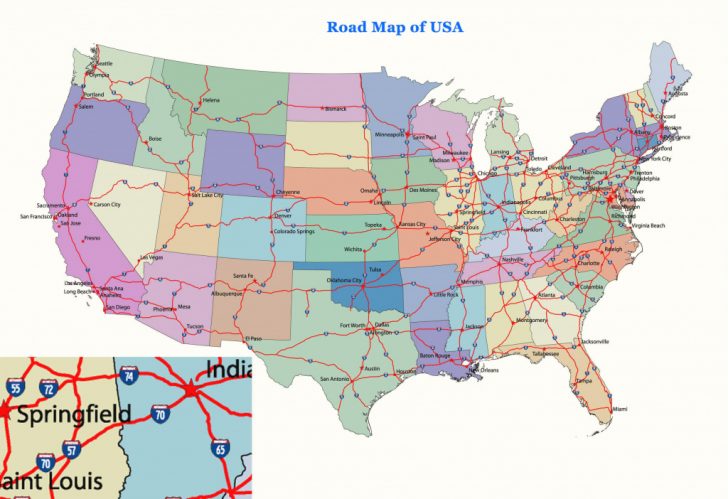 Map Of United States Inside Road Map Of The United States With Major ...