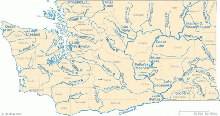 Map Of Washington Lakes, Streams And Rivers within Washington State ...