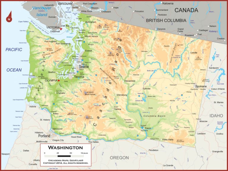 Physical Map Of Washington State Example Of Geographic Map With ...